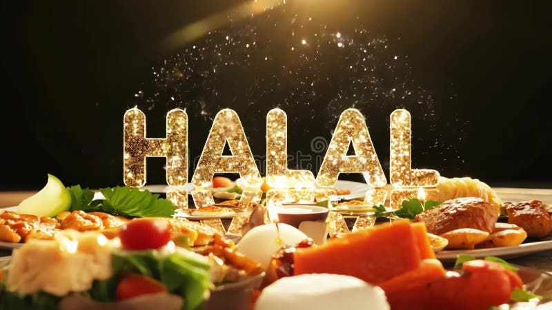 The Word "HALAL" Appears in Gold Letters on the Table with Delicious ...