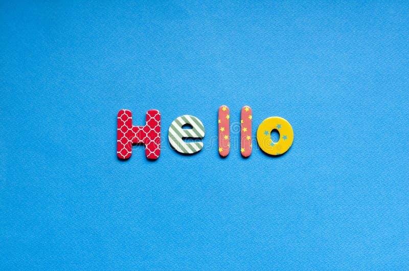 Word Hello on Blue Paper Background. Stock Image - Image of object ...