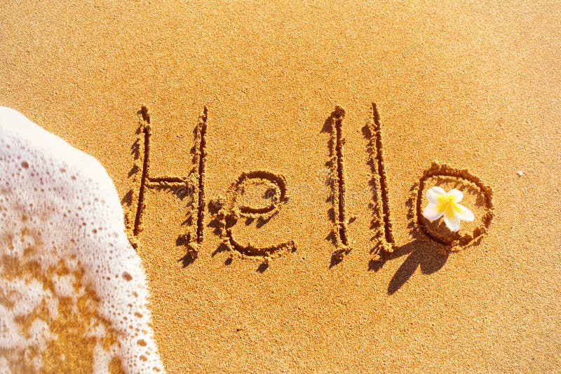 Word Hello written on sand stock image. Image of word - 135924111