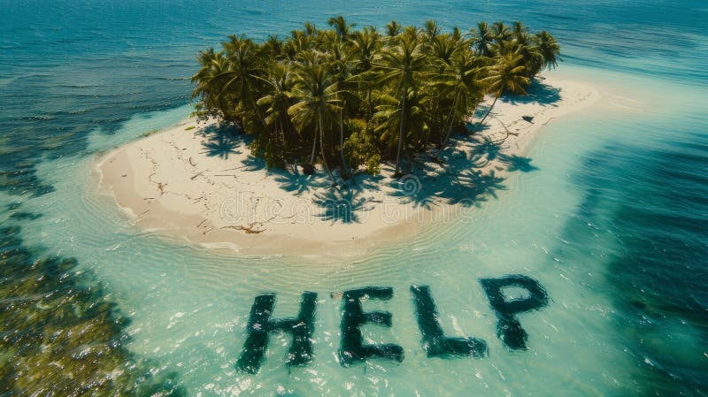 The Word HELP Written in the Sand on an Island with Palm Trees ...