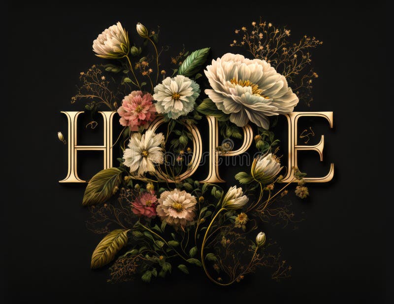 Word Hope with Flowers on a Black Background. Created with Generative AI Stock Illustration ...
