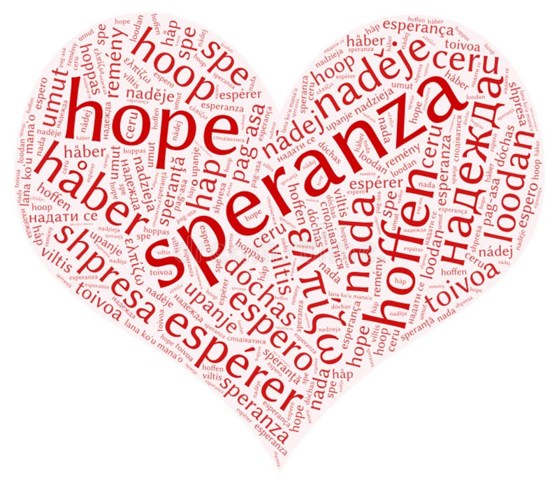 Word Hope in Many Languages - Wordcloud Heart Shaped Stock Illustration ...