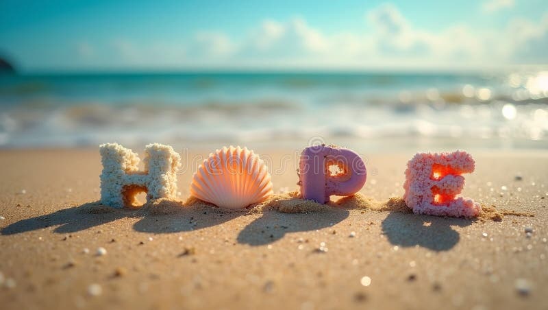 Word Hope Spelled with Colorful Seashells on Sandy Beach Stock ...