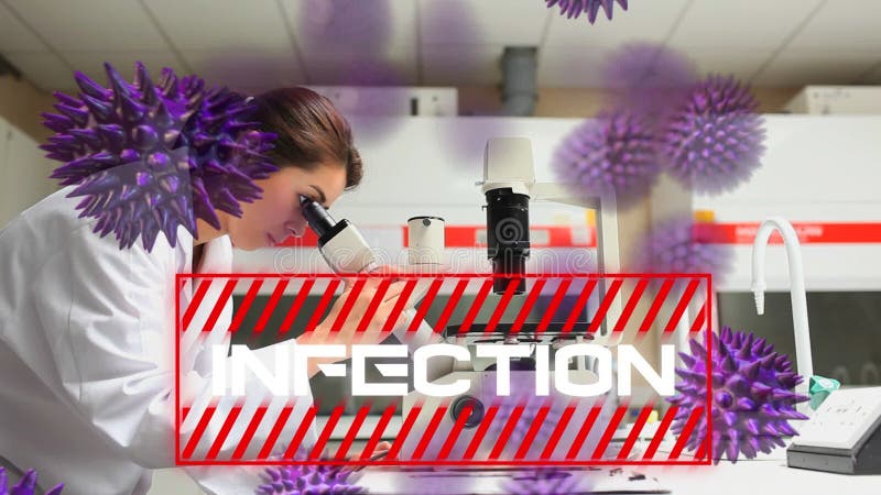 Word Infection Written Over Scientist Using a Microscope and ...