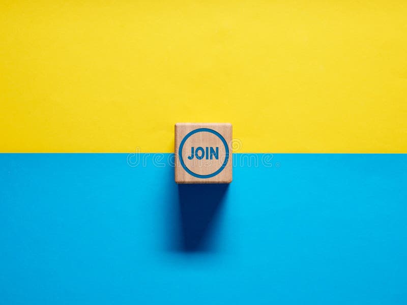 The Word Join on Wooden Cube Push Button on Blue and Yellow Background ...