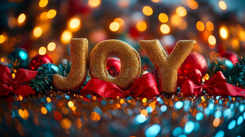 The Word Joy Spelled Out in Gold Glitter with Red Bows and Ornaments ...