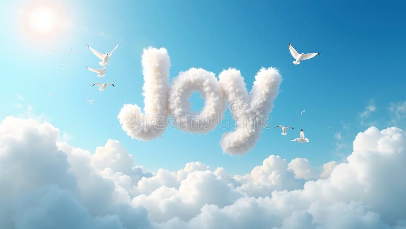 Word Joy in White Clouds Against Blue Sky with Birds and Warm Glow ...