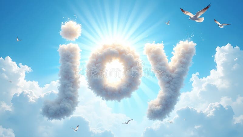 Word Joy in White Clouds Against Blue Sky with Birds and Warm Glow ...