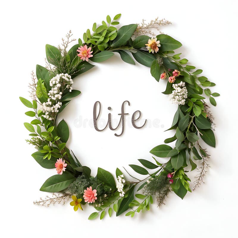 Word "Life" in Floral Wreath Isolated on White Background Stock ...