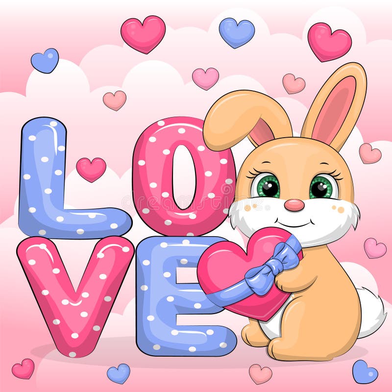 Word Love And Cute Cartoon Bunny With Heart Stock Vector