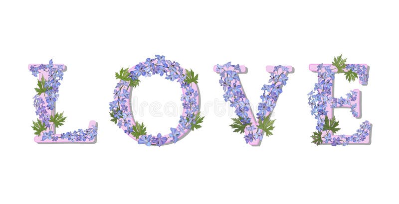 The Word Love Decorated with Blue Delphinium Flowers on a White ...