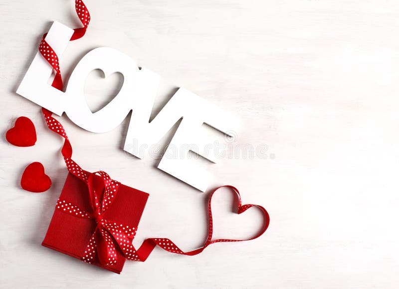 Word Love and Red Gift Box at White Background Stock Image - Image of ...