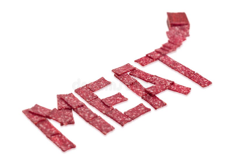 Word MEAT Laid Out with Sausage Slices in Perspective Stock Photo ...