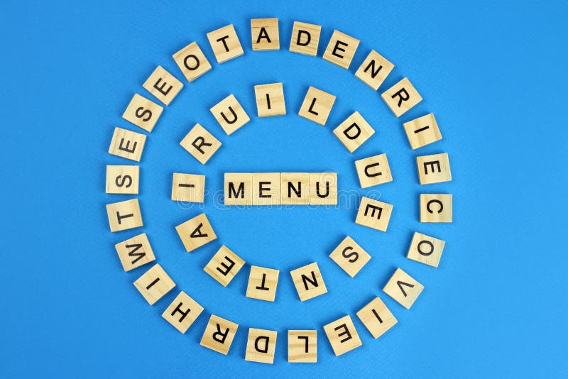 Word Menu of Wooden Letters on a Blue Background Stock Photo - Image of ...