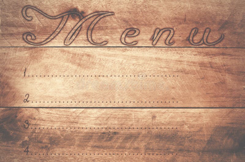Word Menu Written, Burned Lettering on Wooden Brown Background. Stock ...