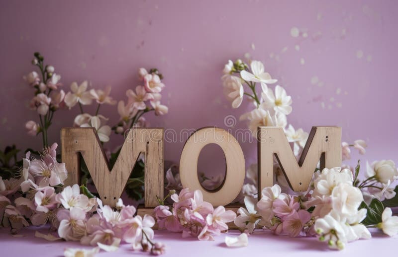 The Word Mom in Wooden Words Against a Purple Backdrop Stock Image ...