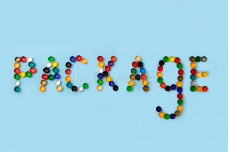 Word Package is Lined with Used Plastic Caps on a Blue Background Stock ...