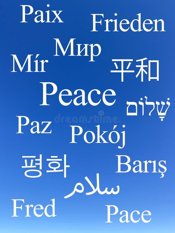 Word Peace in Several Languages on Blue Sky Stock Illustration ...