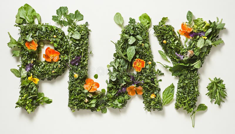 Word PLAY Made from Fresh Herbs and Flowers Isolated, on White ...