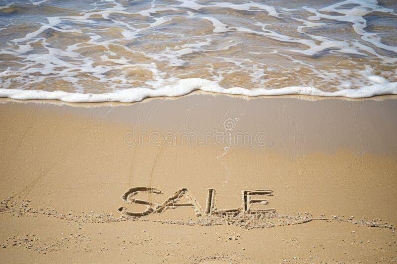 The Word Sale is Written in the Sand on a Beach, with a Receding Wave ...