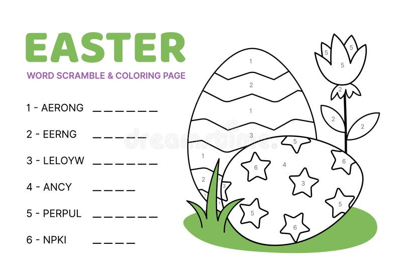 Word Scramble and Cloring Page with Easter Eggs in Grass. Cartoon ...