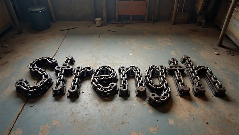 Word Strength Formed by Iron Chains on Gritty Workshop Floor Stock ...