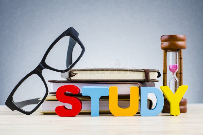 Word STUDY Over Hourglass, and Spectacles on Stacking Book Stock Image ...