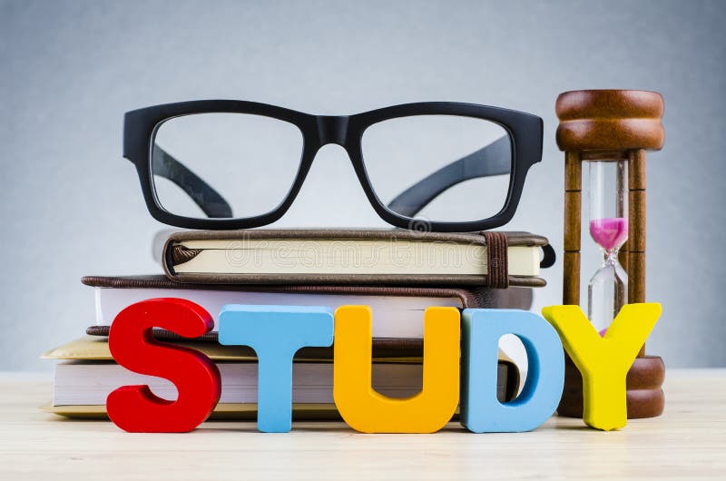 Alphabet Word STUDY And Stacking Book With Spectacles On Wooden Desk ...