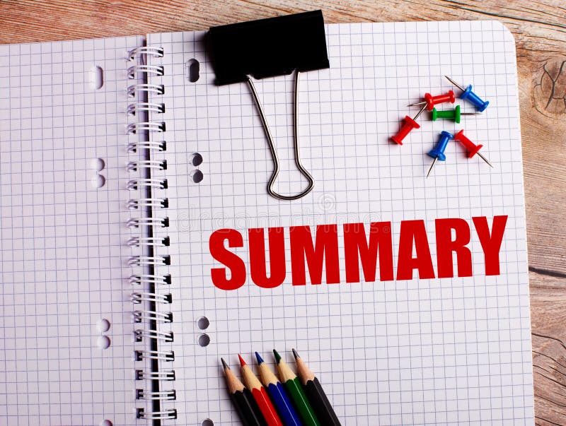 The Word SUMMARY is Written in a White Notebook Near a Black Pen on a ...