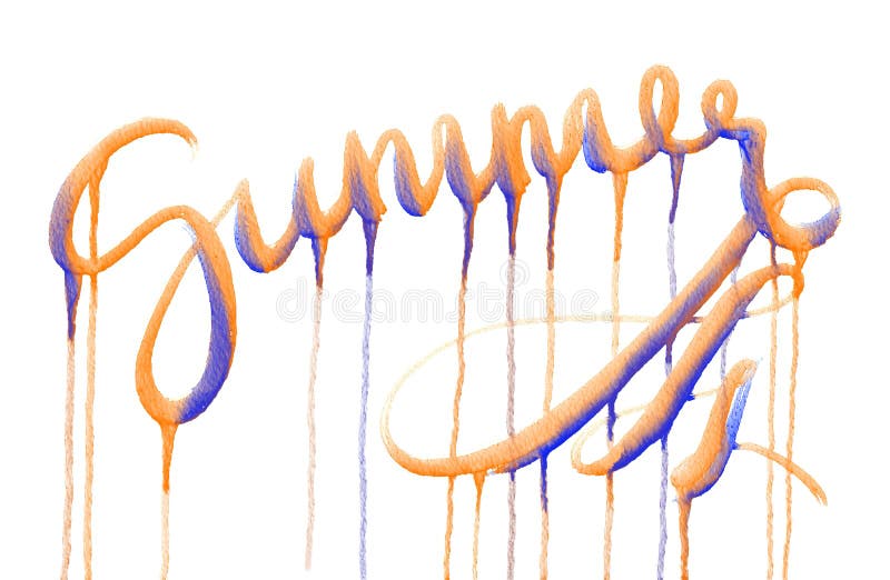 Word Summer Drawn by Blue and Orange Watercolor on White Background ...
