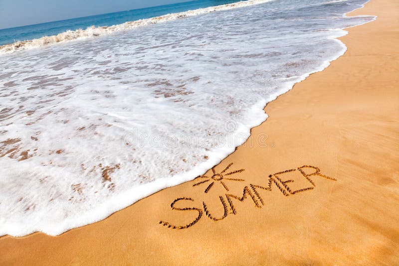 The Word Summer Written in the Sand on a Beach with Drawing of T Stock ...