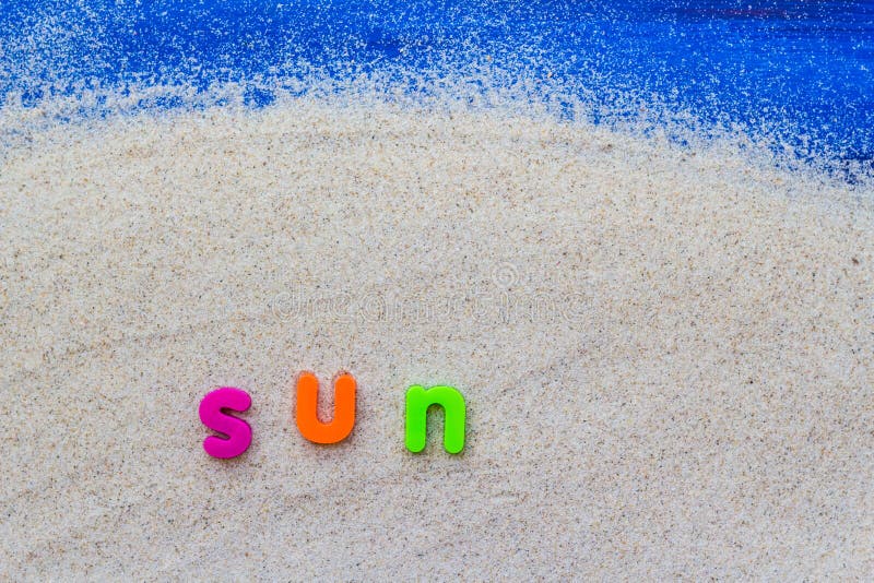 Word Sun Laid Sand Blue Board Stock Image - Image of closeup ...