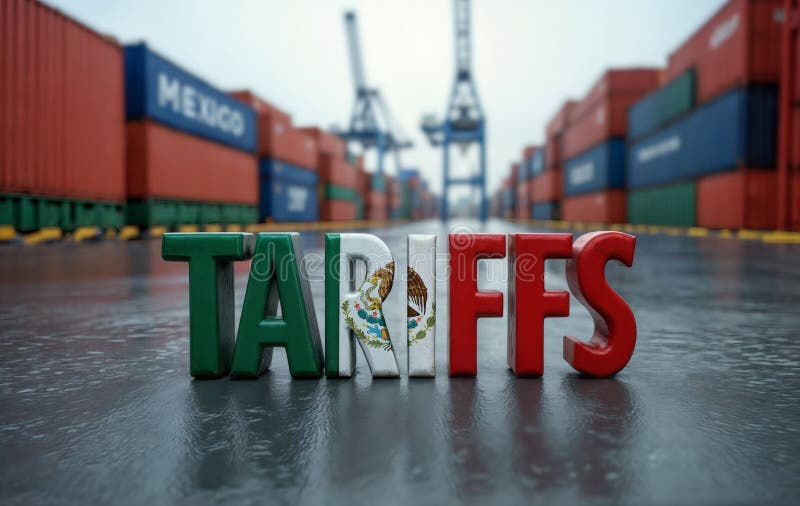 3D Word Tariffs with Mexican Flag Design on a Port with Containers and ...
