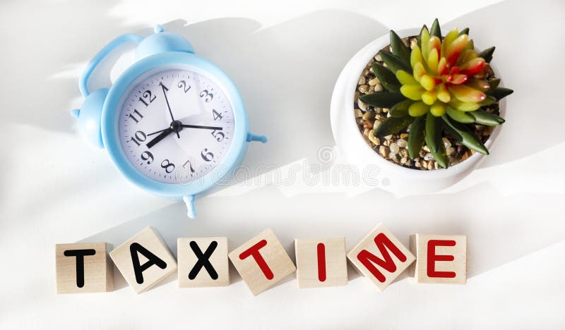 Word TAX TIME with Clock and Cactus on White Background Stock Photo ...