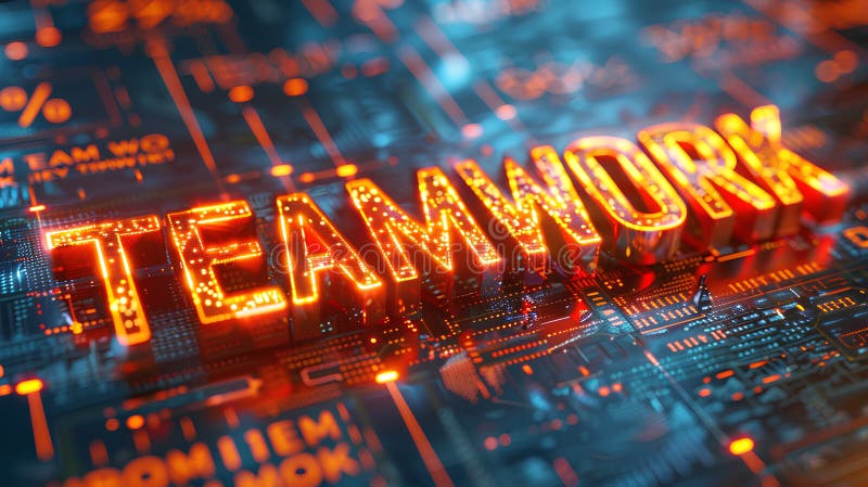 The Word TEAMWORK is Surrounded by a Glowing, Circuit Board-like Design ...