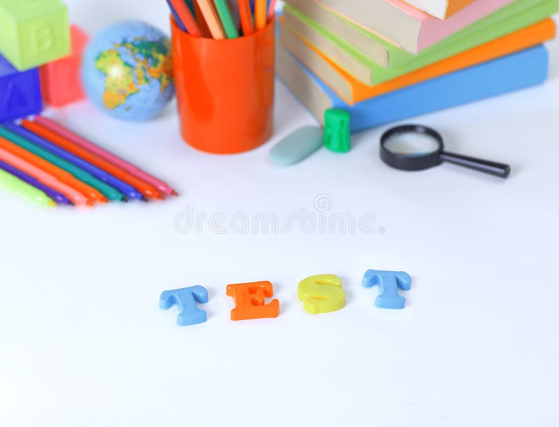 Word Test on the Background of School Supplies .photo with Copy Stock ...
