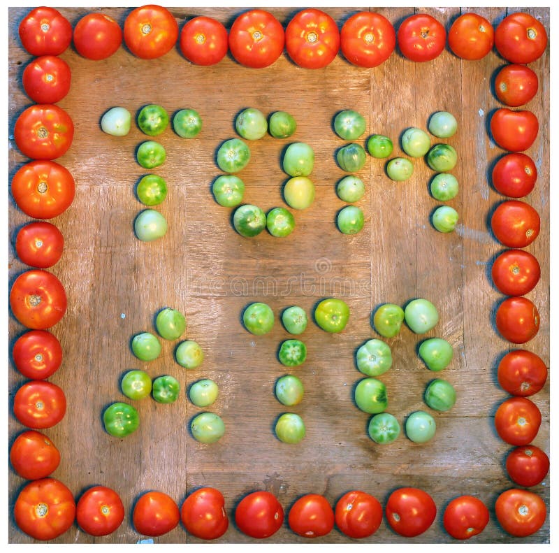 Word Tomato Written with Green and Red Tomatoes on Wooden Backgr Stock ...