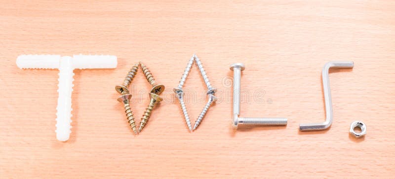 Word Tools Made by Repair Equipment Laying on Wooden Table Stock Photo ...