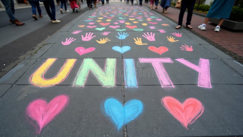 Word Unity in Chalk on Sidewalk with Hearts and Handprints Stock ...