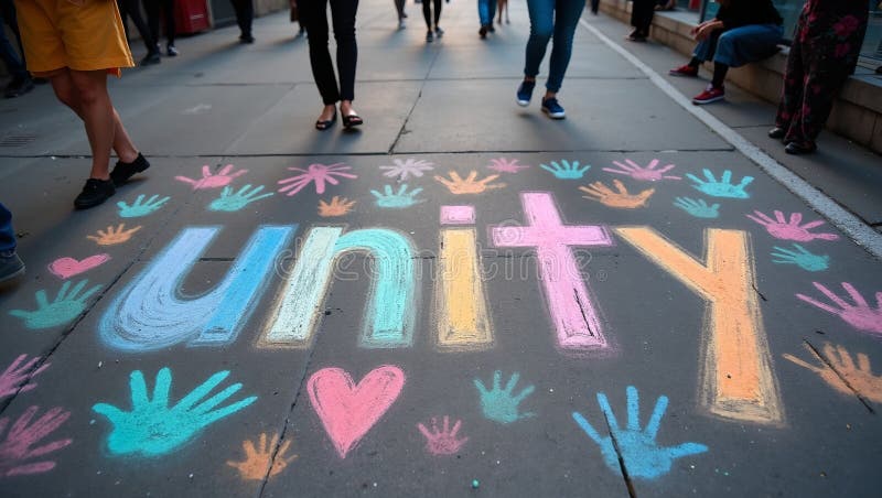 Word Unity in Chalk on Sidewalk with Hearts and Handprints Stock ...