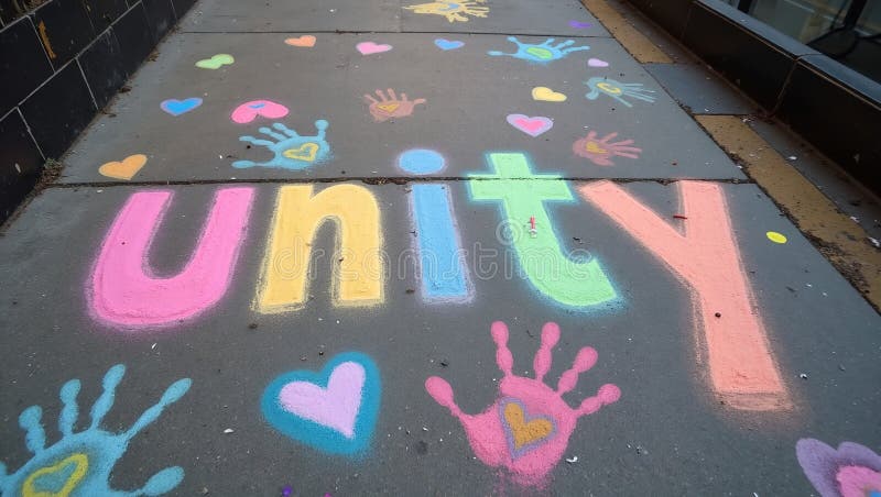 Word Unity in Chalk on Sidewalk with Hearts and Handprints Stock ...