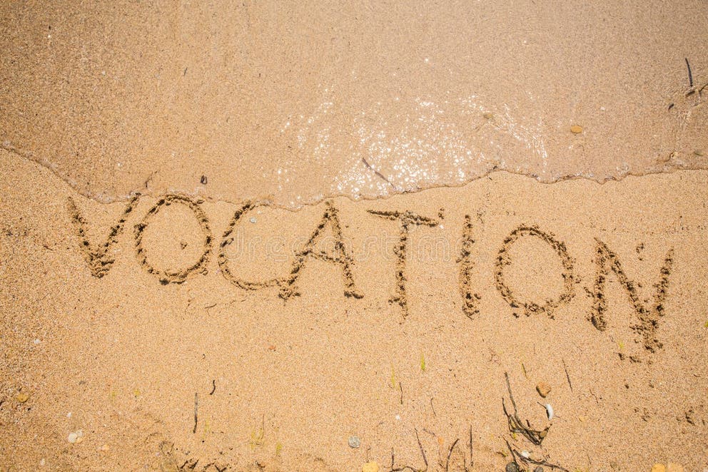 Word Vocation Write on White Sand Stock Image - Image of coast, glasses ...