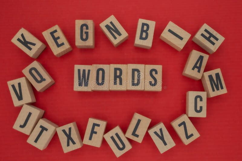 The Word WORDS Surrounded by Scattered Letter Blocks on Red Background ...