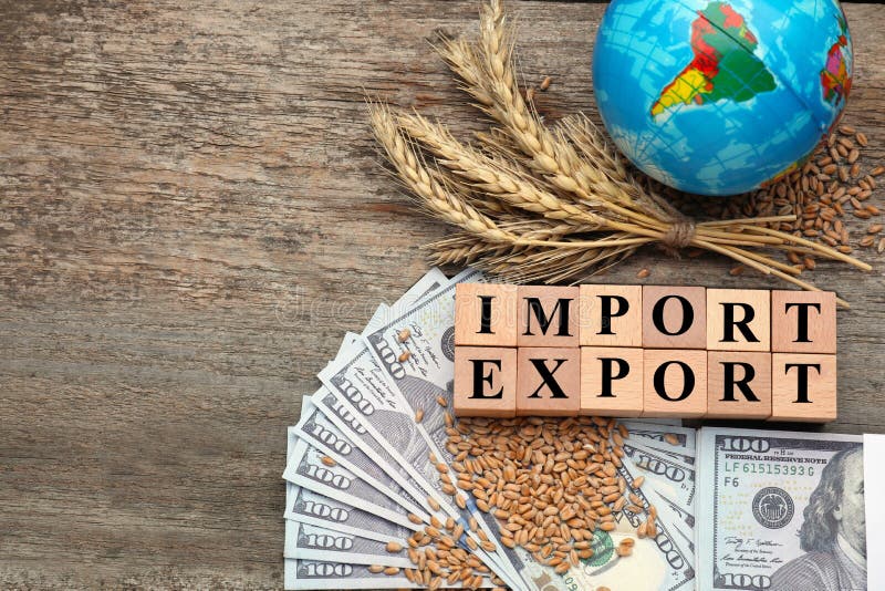 Words Import and Export Made of Cubes, Ears of Wheat, Banknotes and ...