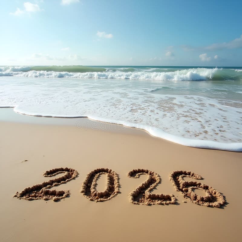Words 2026 and Number Written on the Sand in the Beach with Waves Water ...