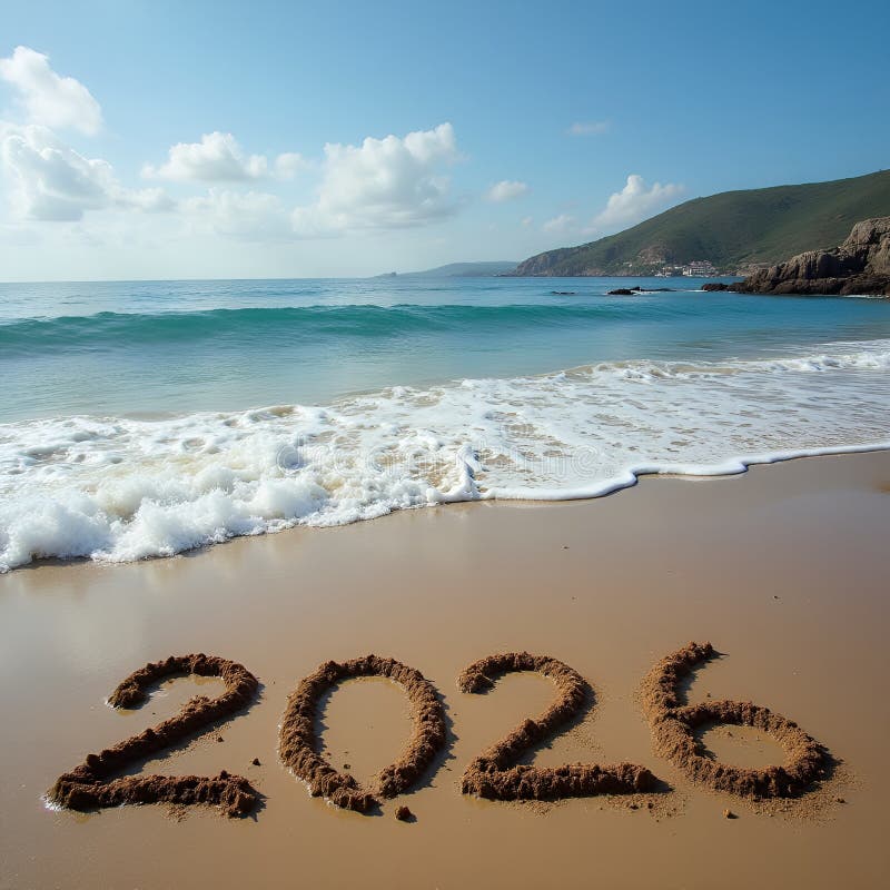 Words 2026 and Number Written on the Sand in the Beach with Waves Water ...