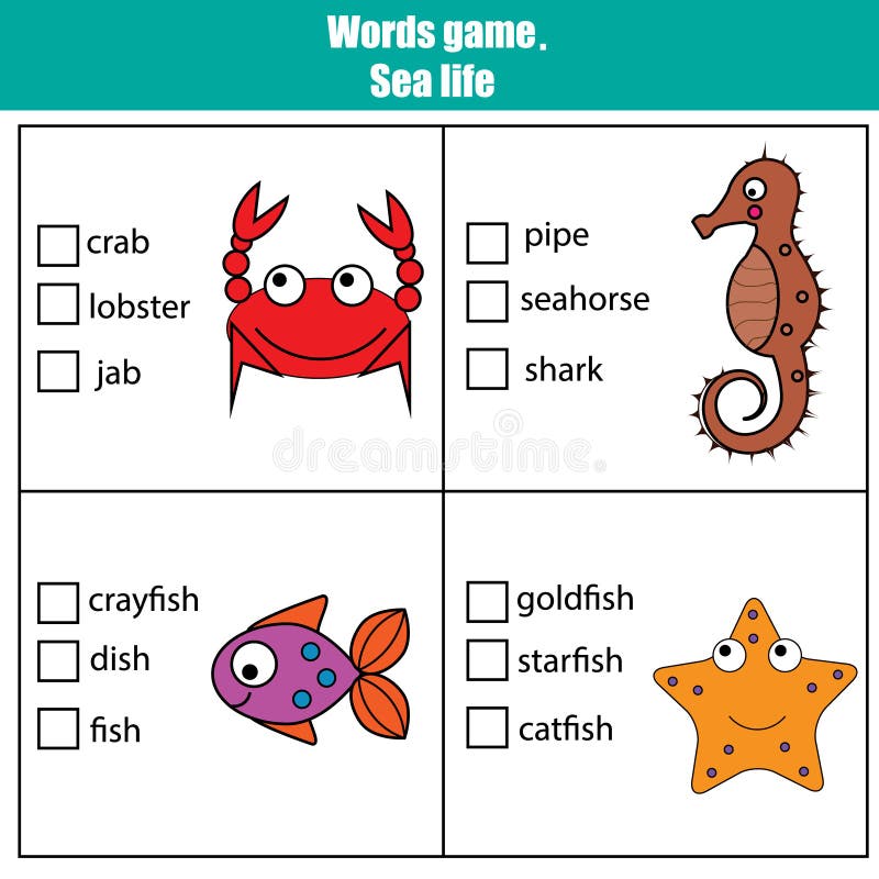 Words Test Educational Game for Children. Sea Animals Theme Stock ...