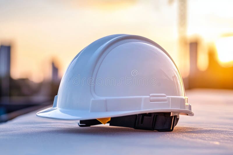 The Work Area Features a Construction Helmet Set Against an Evening ...