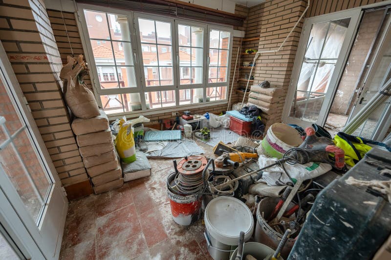 Work Area Inside a House with Lots of Materials and Tools for ...