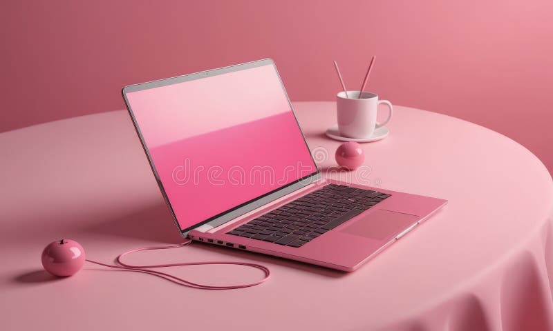 Laptop Computer with Pink Screen and Mouse on Table Stock Illustration ...
